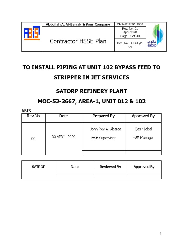 HSSE Plan SATORP To Install Piping at Unit 102 Bypass Feed To Stripper ...