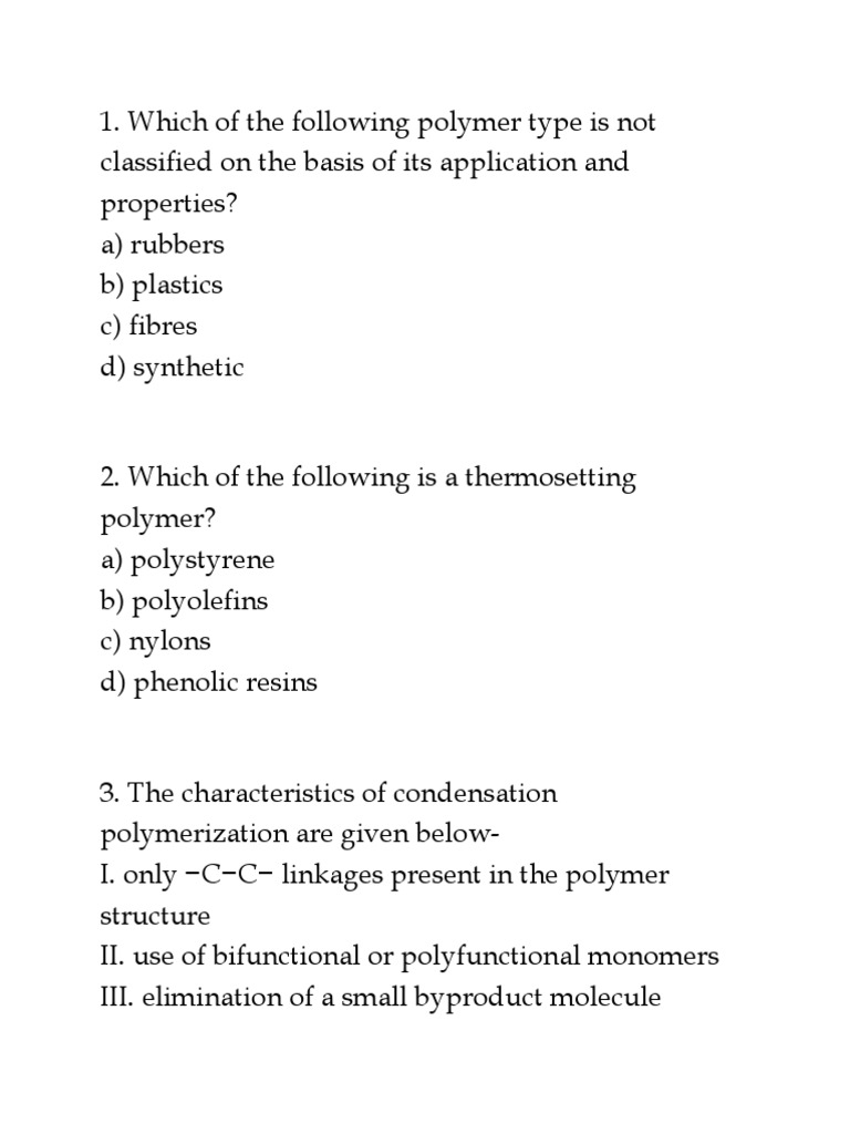 MCQs on Polymer Characteristics | PDF | Polymerization | Polymers