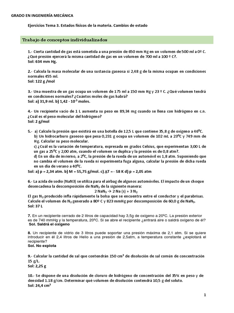 Ejercicios Tema 3. Química General | PDF | Concentración | Gases