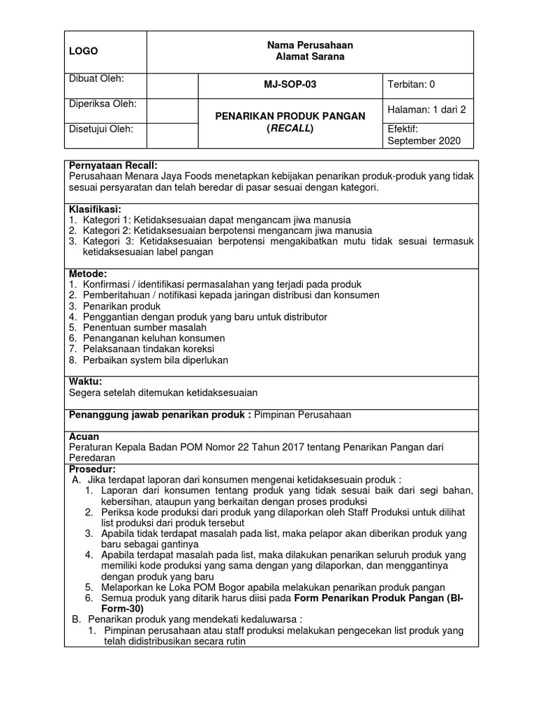 SOP-03-Penarikan Produk Pangan (Recall) | PDF