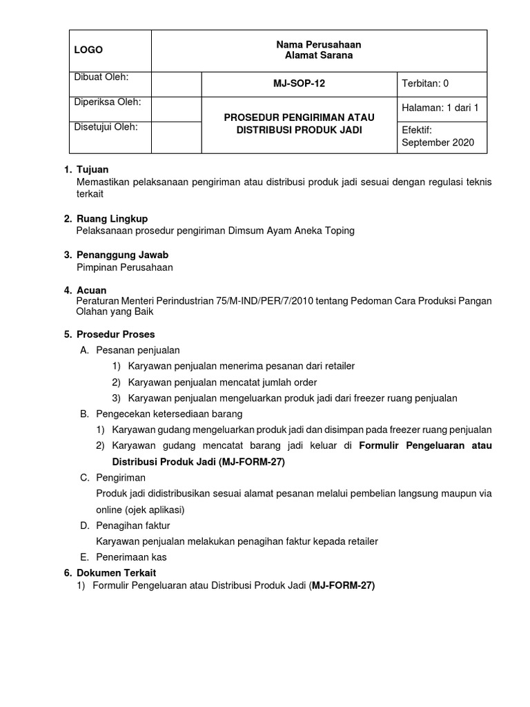 SOP-12-Prosedur Pengiriman Atau Distribusi Produk Jadi | PDF