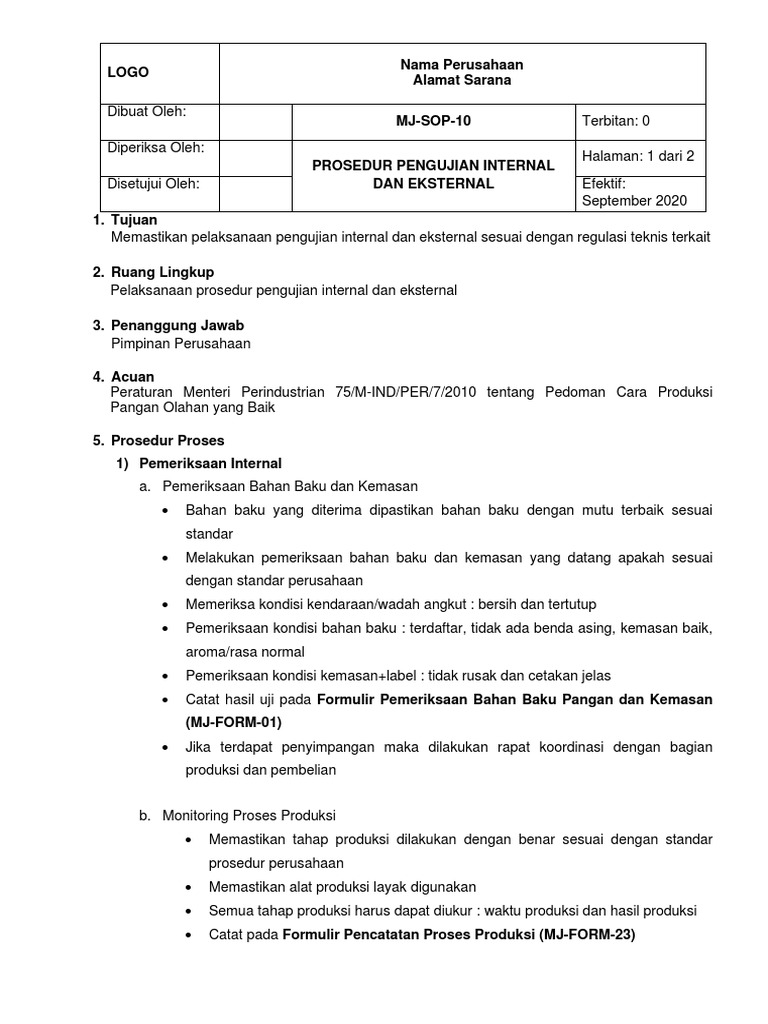SOP-10-Prosedur Pengujian Internal Dan Eksternal | PDF