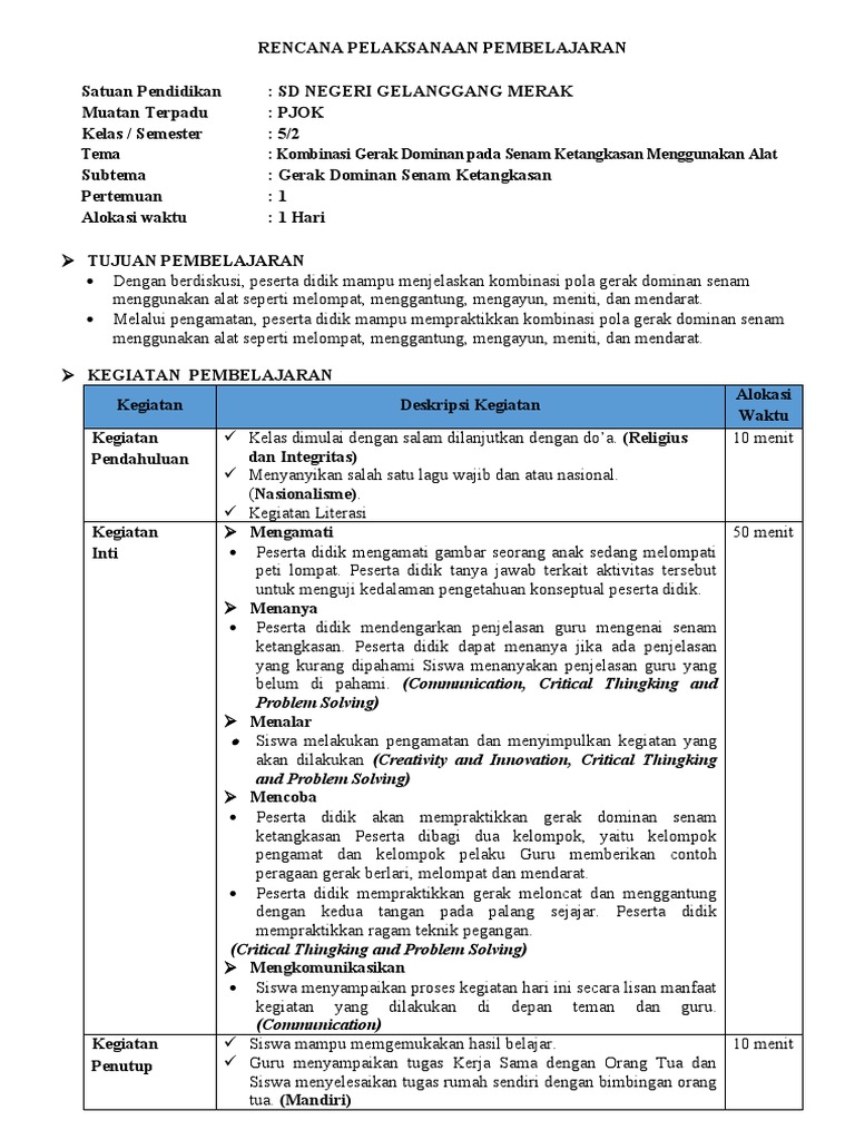 RPP 1 Lembar Pjok Kelas 5 Sem 2 | PDF