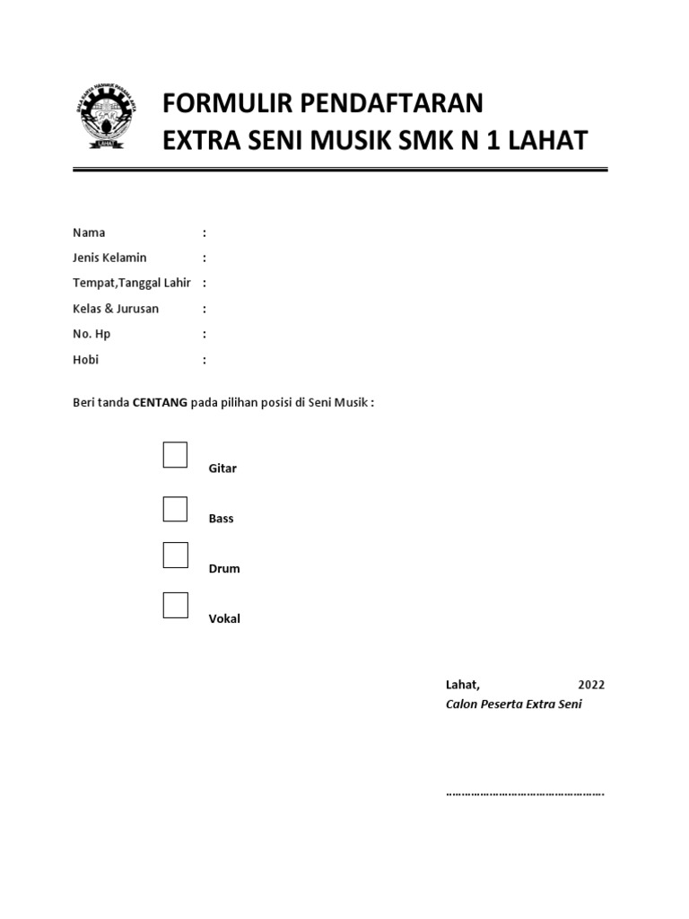 Formulir Pendaftaran Extra Seni Musik 2022 | PDF Formulir Pendaftaran Extra Seni Musik 2022 | PDF