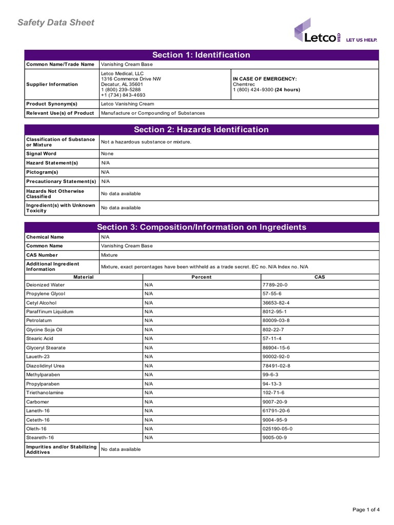 SDS Vanishing Cream Letco | PDF | Toxicity | Personal Protective Equipment