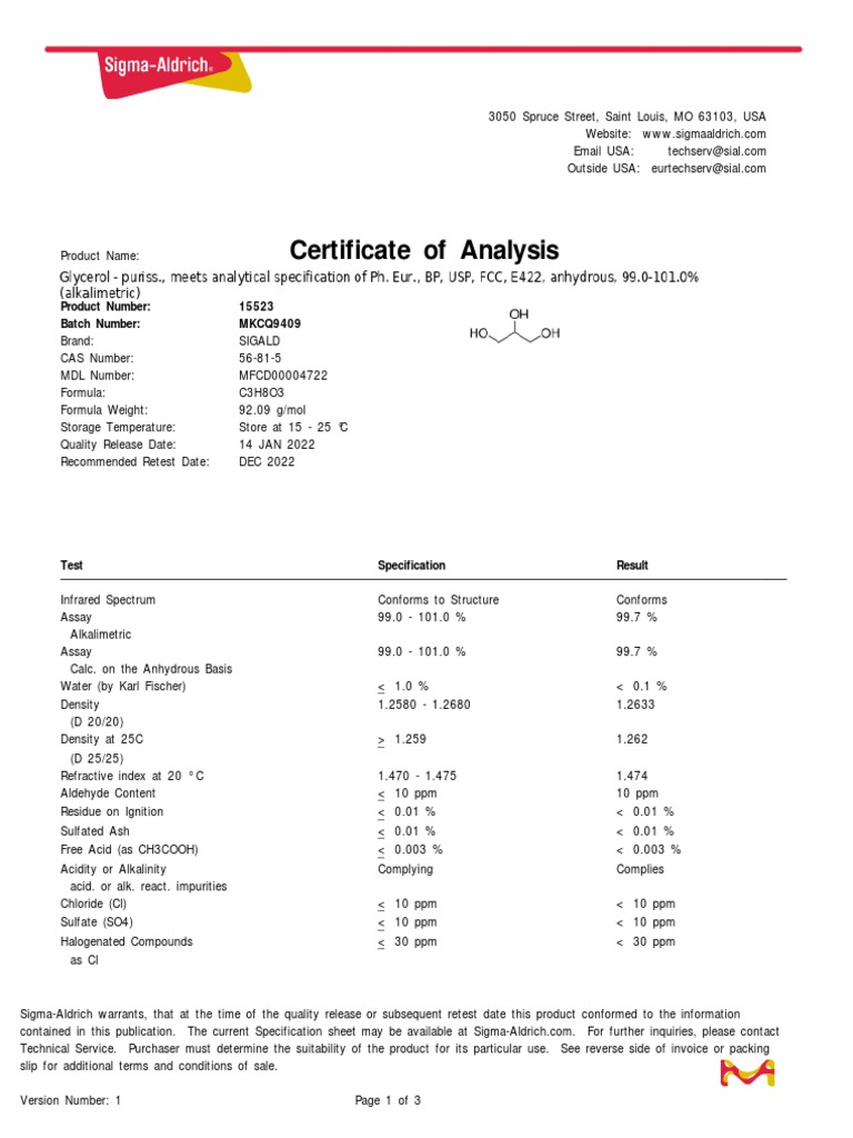 Gliserin COA | PDF | Chlorine | Sets Of Chemical Elements