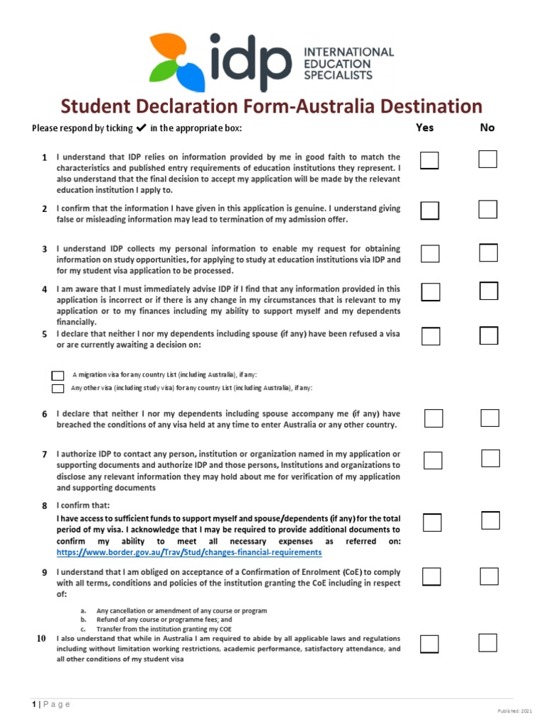 Australia - Student Declaration Form | Download Free PDF | Travel Visa ...