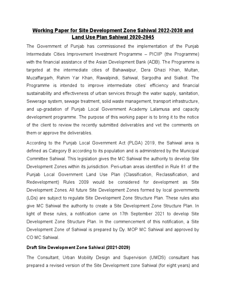 Working Paper For Site Development Zone Sahiwal and Land Use Plan ...