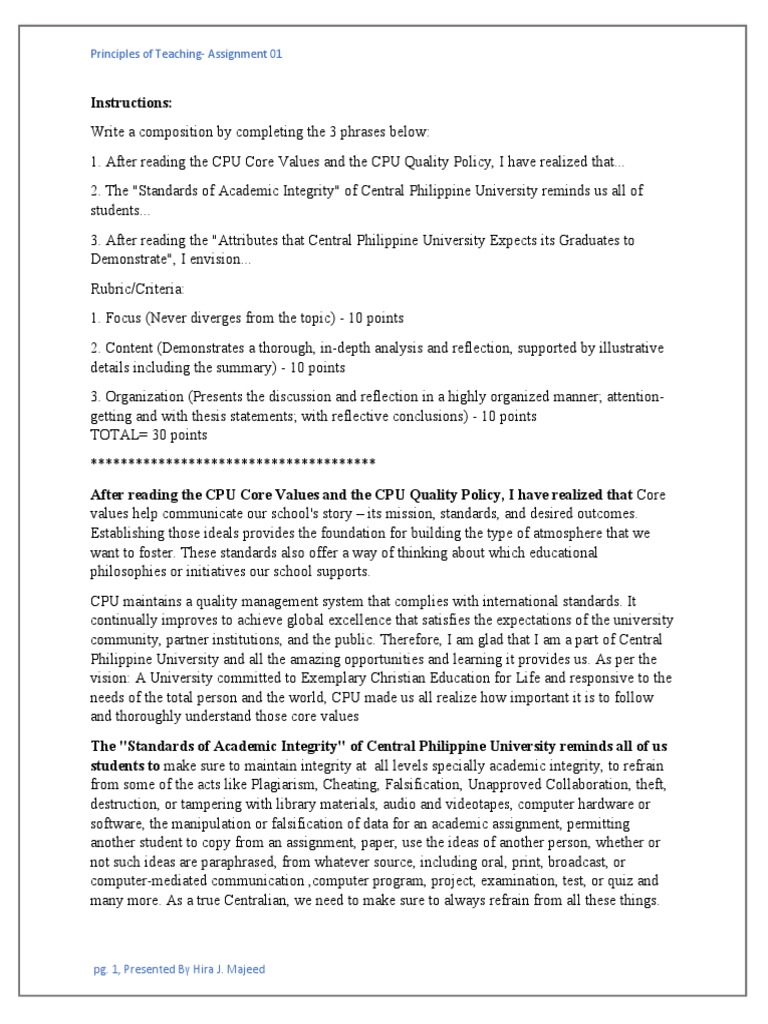 Assignment 01 HiraMajeed | PDF | Academic Integrity | Rubric (Academic)