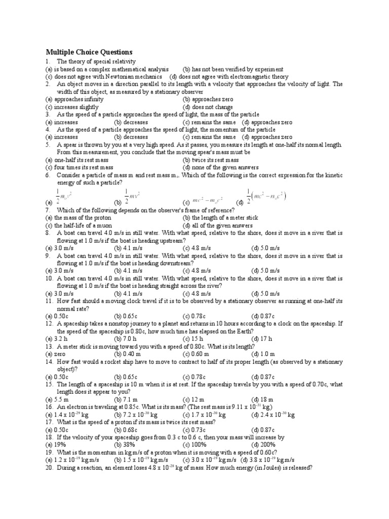 Multiple Choice Questions (Relativity) | PDF | Electronvolt | Mass