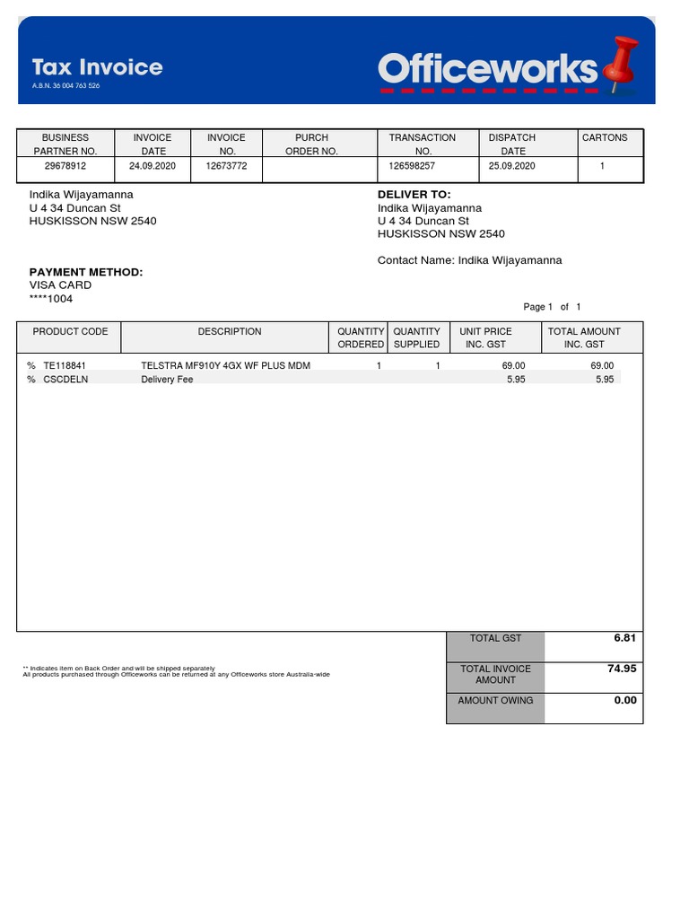 Officeworks Invoice 12673772 Telstra Broadband | PDF | Invoice | Market ...