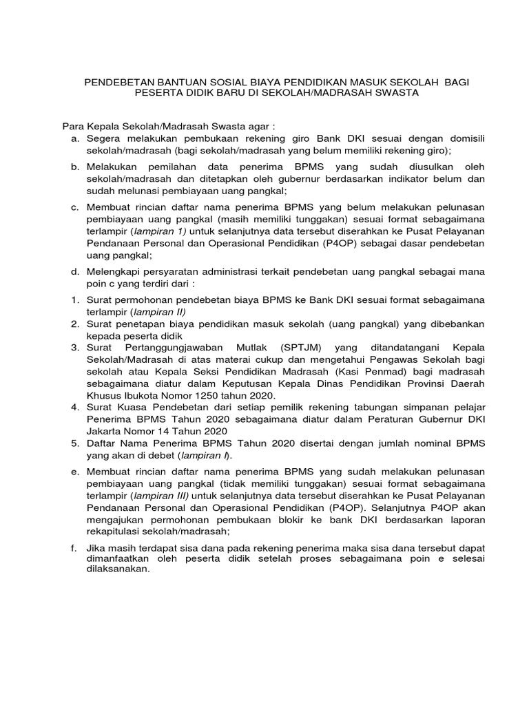 Mekanisme Pendebetan Uang Pangkal BPMS 2020 | PDF