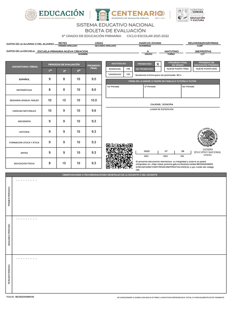 Boleta de Calificaciones 6º Primaria 2021-2022 | PDF | Educación primaria