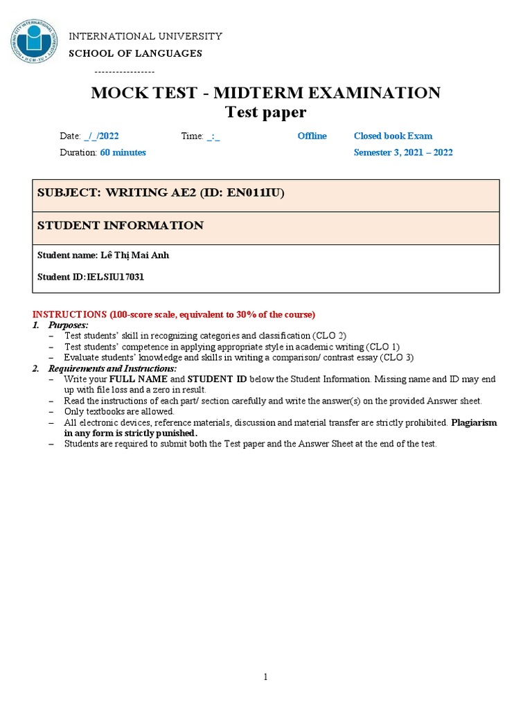 AE2 Writing Midterm Sample Test (Since 2223) - Test Paper | PDF | Test ...
