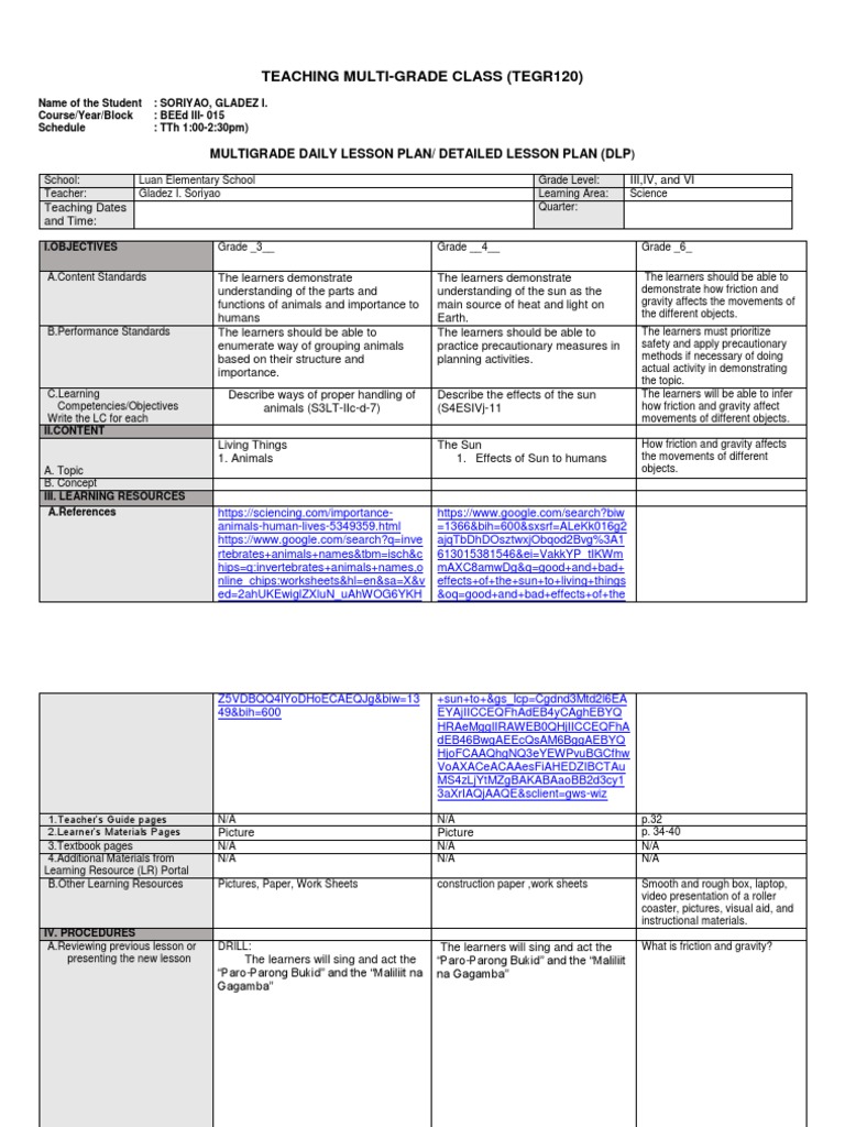 Gladez I. Soriyao BEED-3 BLK. 15 Multi-Grade Lesson Plan | PDF | Lesson ...