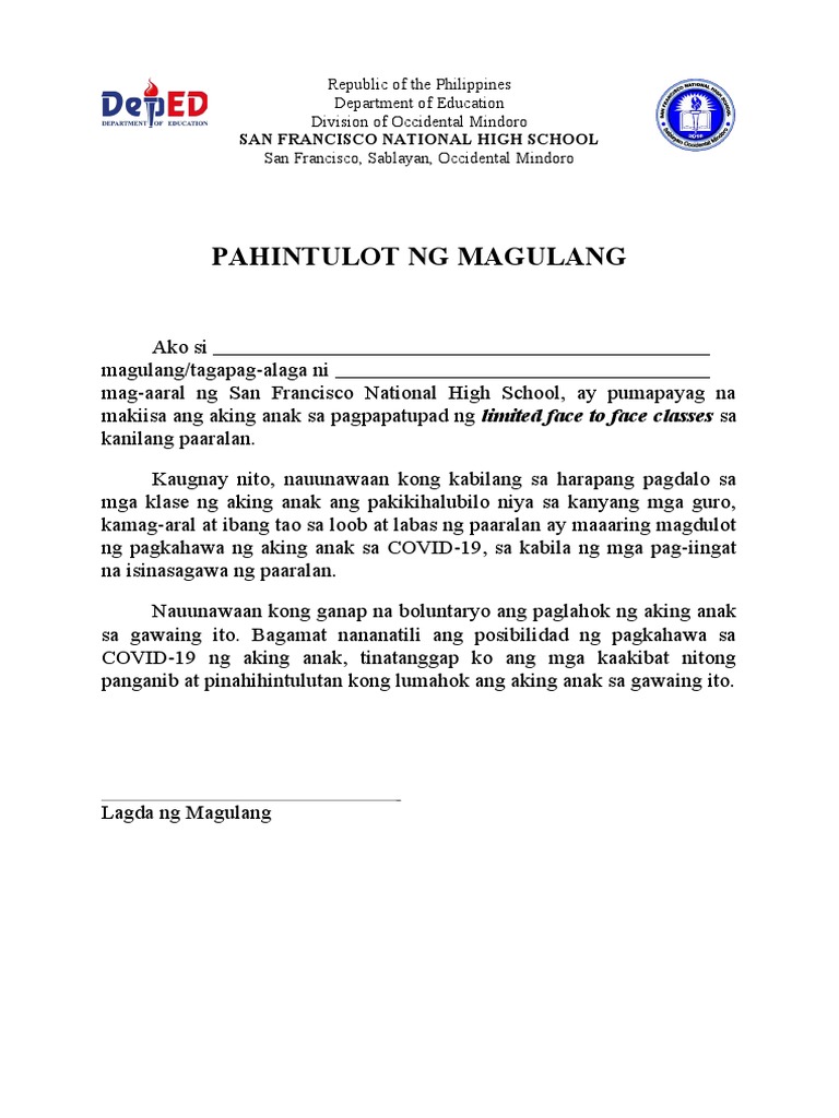 Pahintulot NG Magulang (Face-To-Face-Classes) | PDF