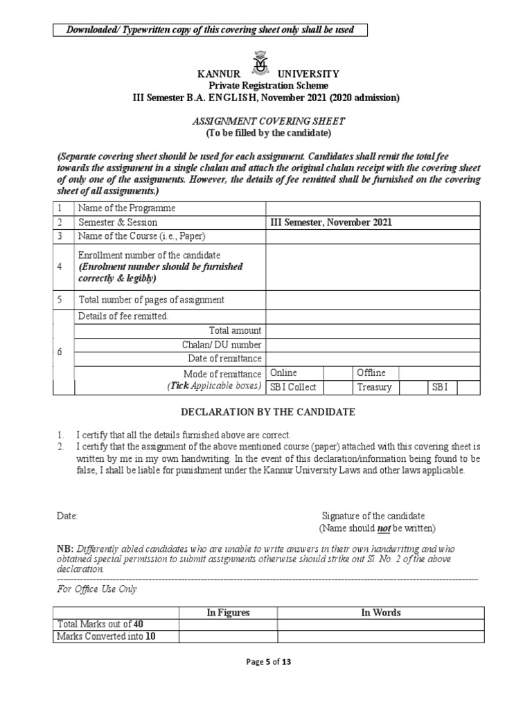 Cover Sheet For Assignment | PDF
