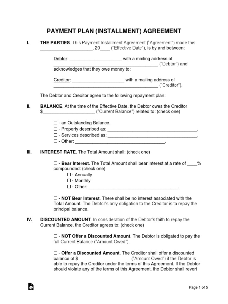 Payment Plan Installment Agreement Template | PDF | Debtor | Debt