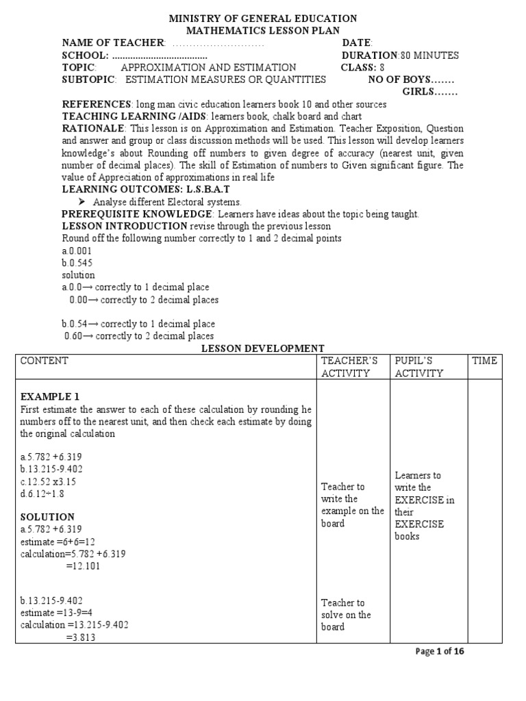 Mathematics Lesson Plan on Approximation and Estimation | PDF ...