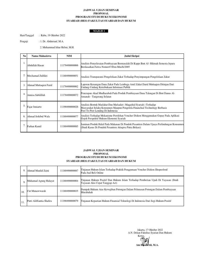 Jadwal Ujian Sempro Prodi Hes Oktbr 2022 | PDF | Hukum