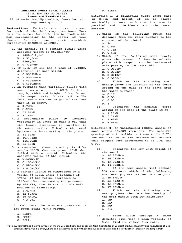Pre Board Examination - Geotech and Hydraulics | PDF | Pressure | Soft Matter