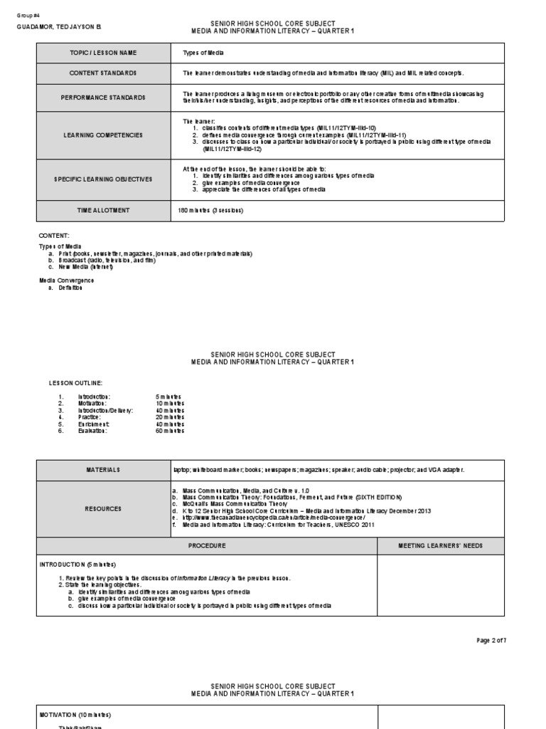Media and Information Literacy Lesson Plan | PDF | Mass Media ... Media and Information Literacy Lesson Plan | PDF | Mass Media ...
