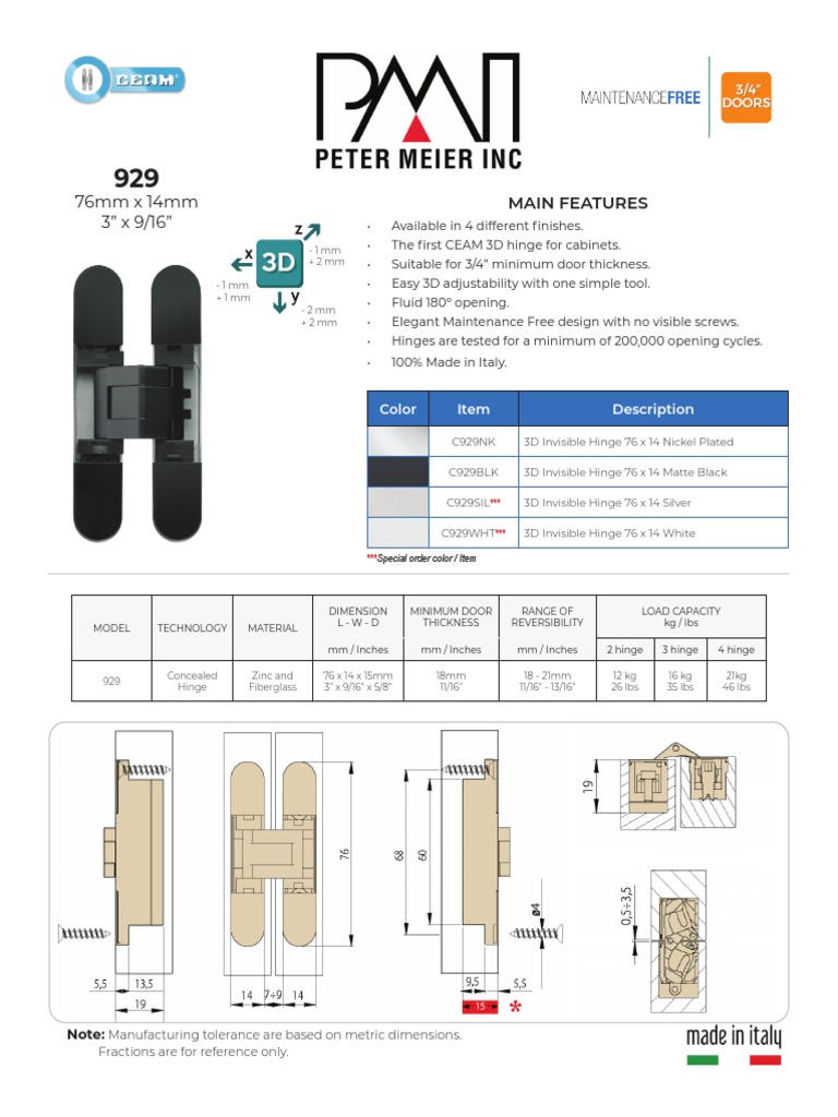 Ceam 929 Hinge Spec Sheet 2019 | PDF | Economic Sectors | Materials