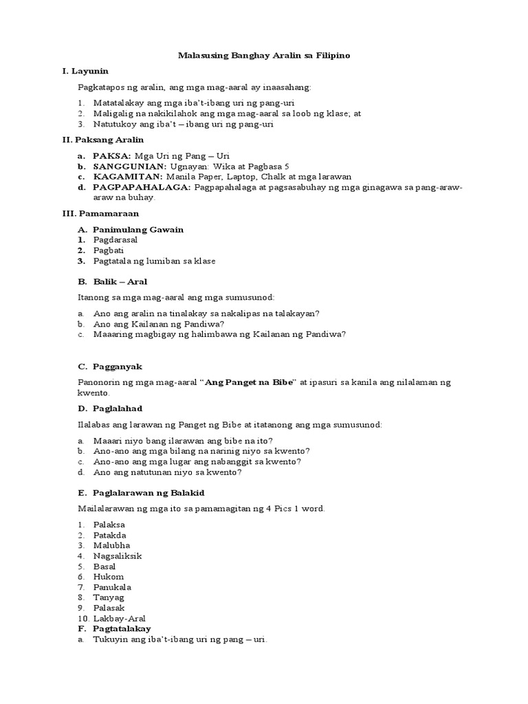 Malasusing Banghay Aralin Sa Filipino (Sample) | PDF