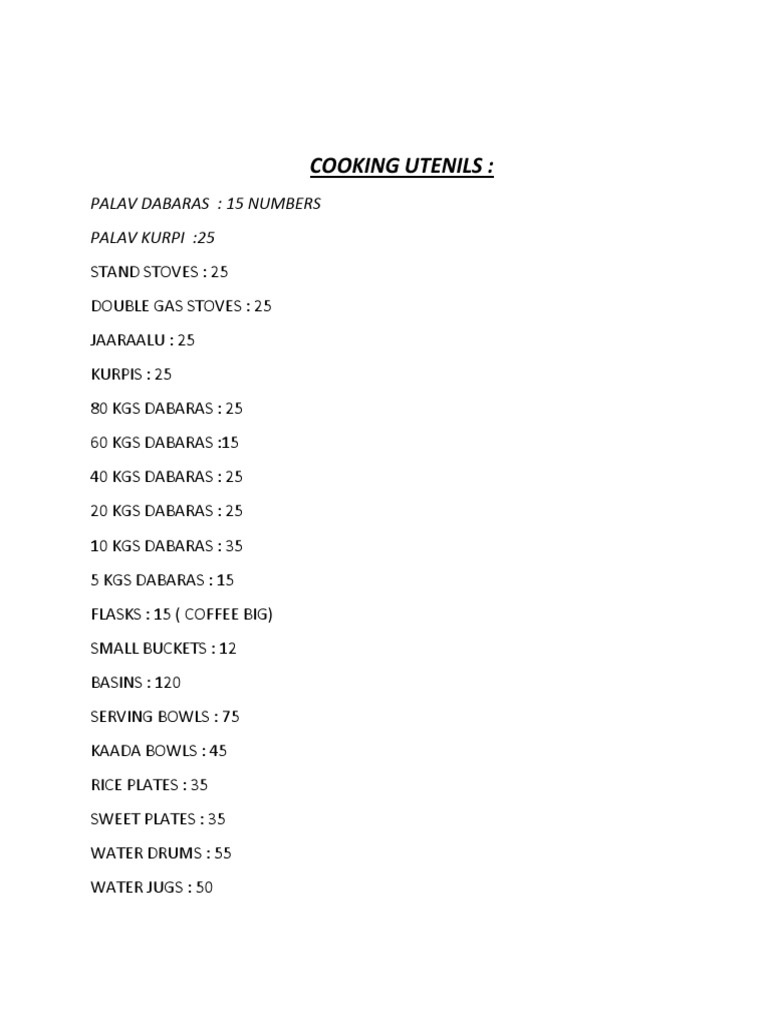Cooking Utensils Inventory List | PDF