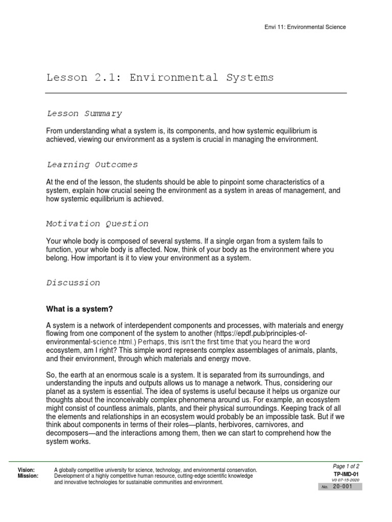 Lesson 2.1-Environmental Systems | PDF | Natural Environment | System