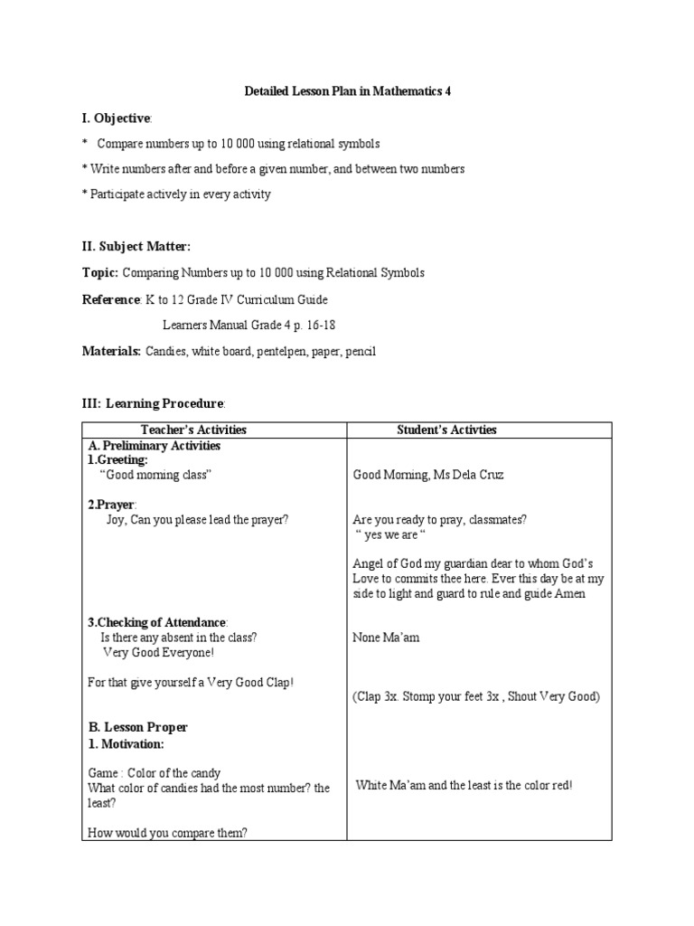 Detailed Lesson Plan in Mathematics 4 | PDF | Lesson Plan | Behavior ...