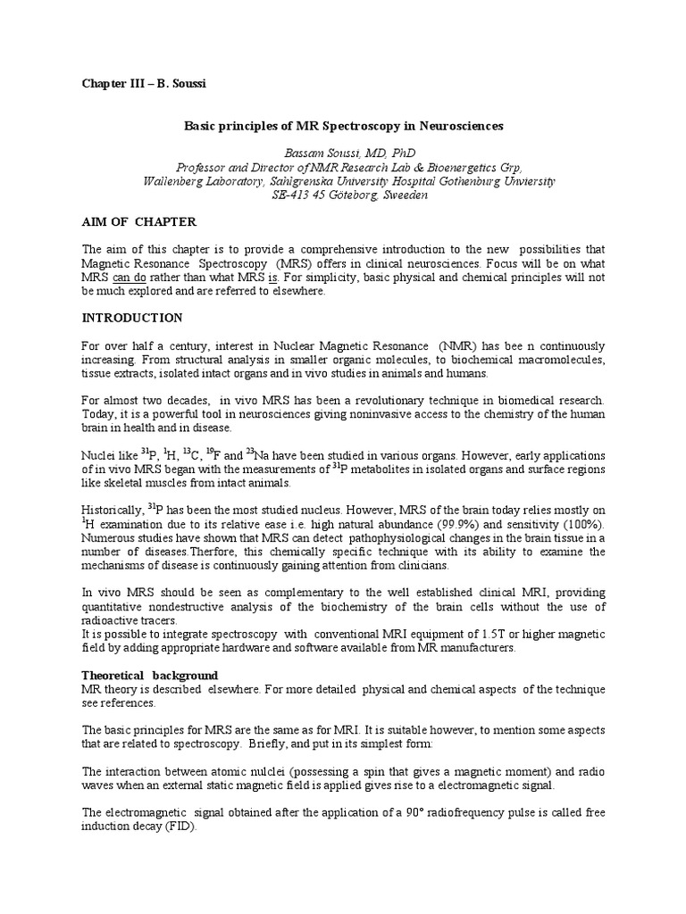 Basic Principles of MR Spectroscopy in N | PDF | Magnetic Resonance ...