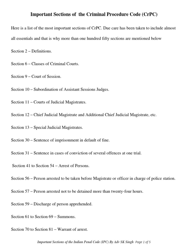 Important Sections of The Criminal Procedure Code (CRPC) by Adv SK Singh | PDF | Bail | Magistrate