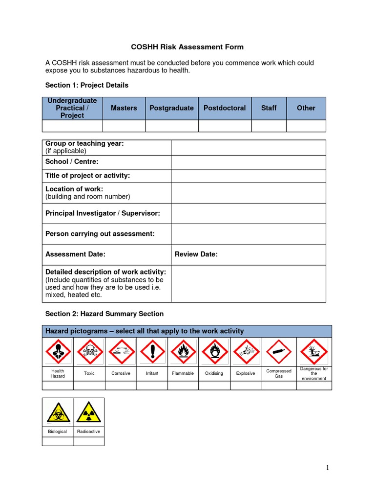 COSHH Risk Assessment Form | PDF | Risk | Risk Assessment