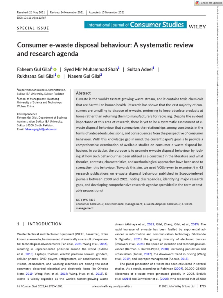 Int J Consumer Studies - 2021 - Gilal - Consumer e Waste Disposal ...