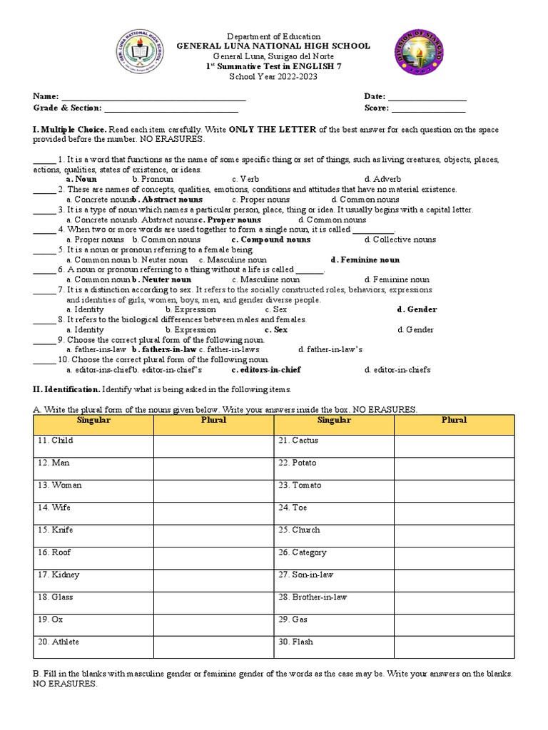 First Periodical Exam English 7 | PDF | Noun | Grammatical Gender