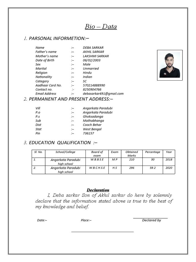 Bio - Data: 1. Parsonal Informetion | PDF