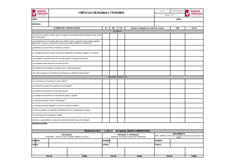 Check List Eslingas y Estrobos | PDF