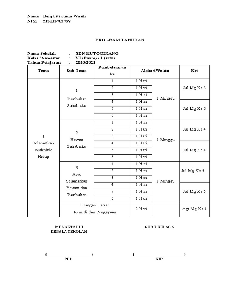 Program Tahunan Kelas 6 SD 2020/2021 | PDF