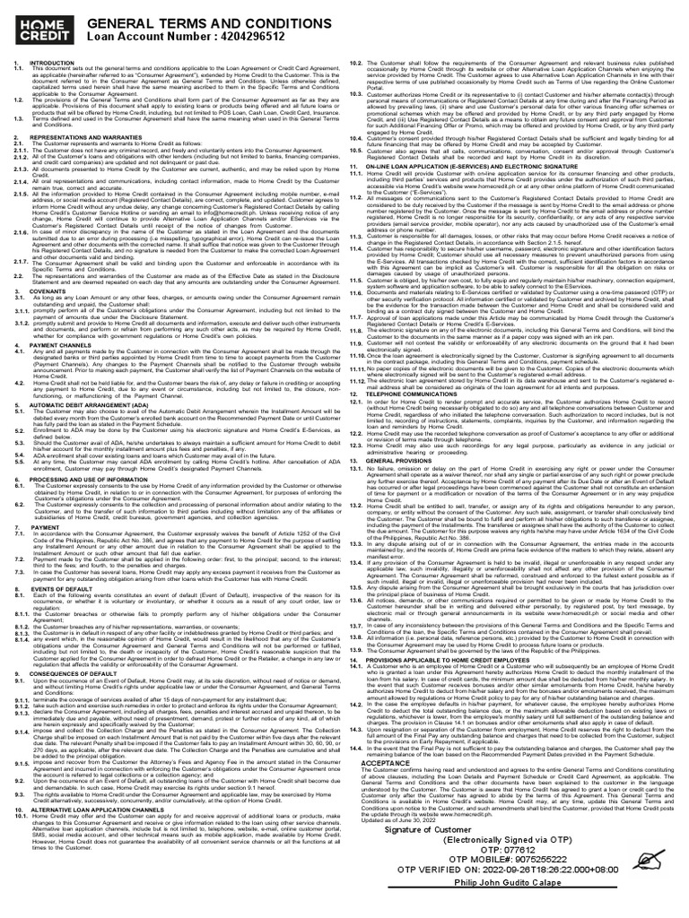 Terms and Conditions for a Home Credit Loan Agreement | PDF | Credit | Finance & Money Management