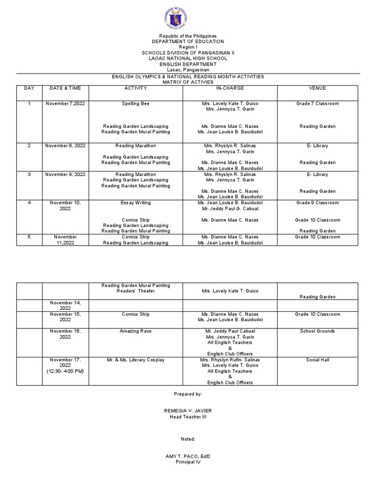 Matrix of Activities For The National Reading Month &english Olympics | PDF