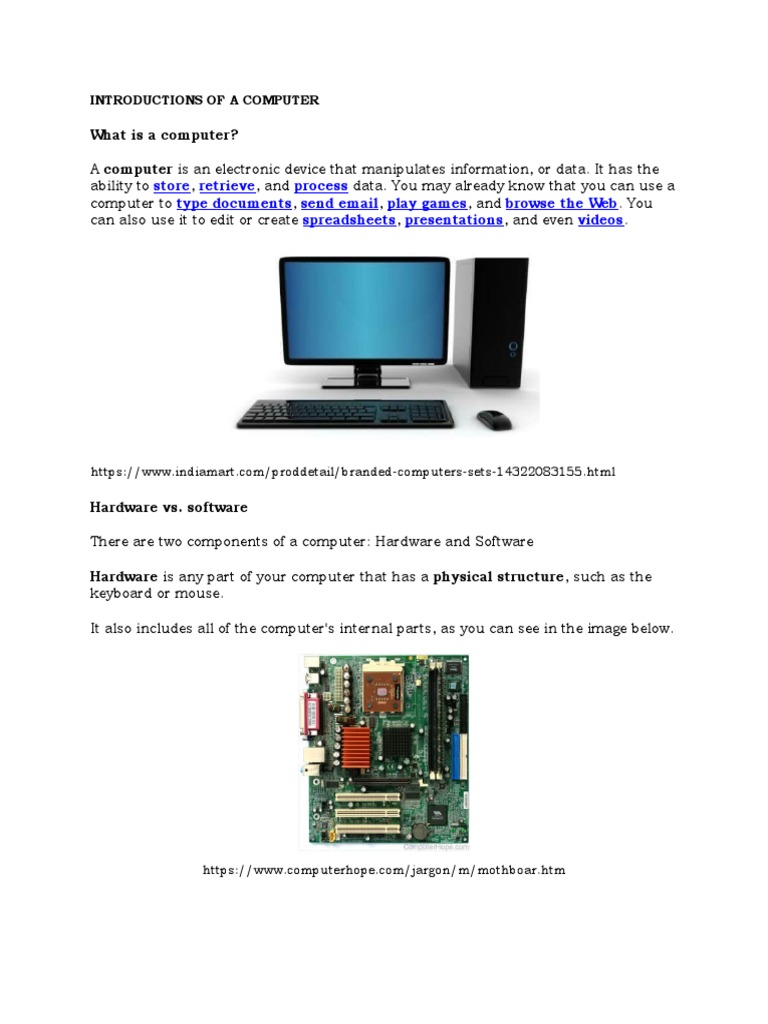 Introductions of A Computer | PDF | Computer Hardware | Personal Computers