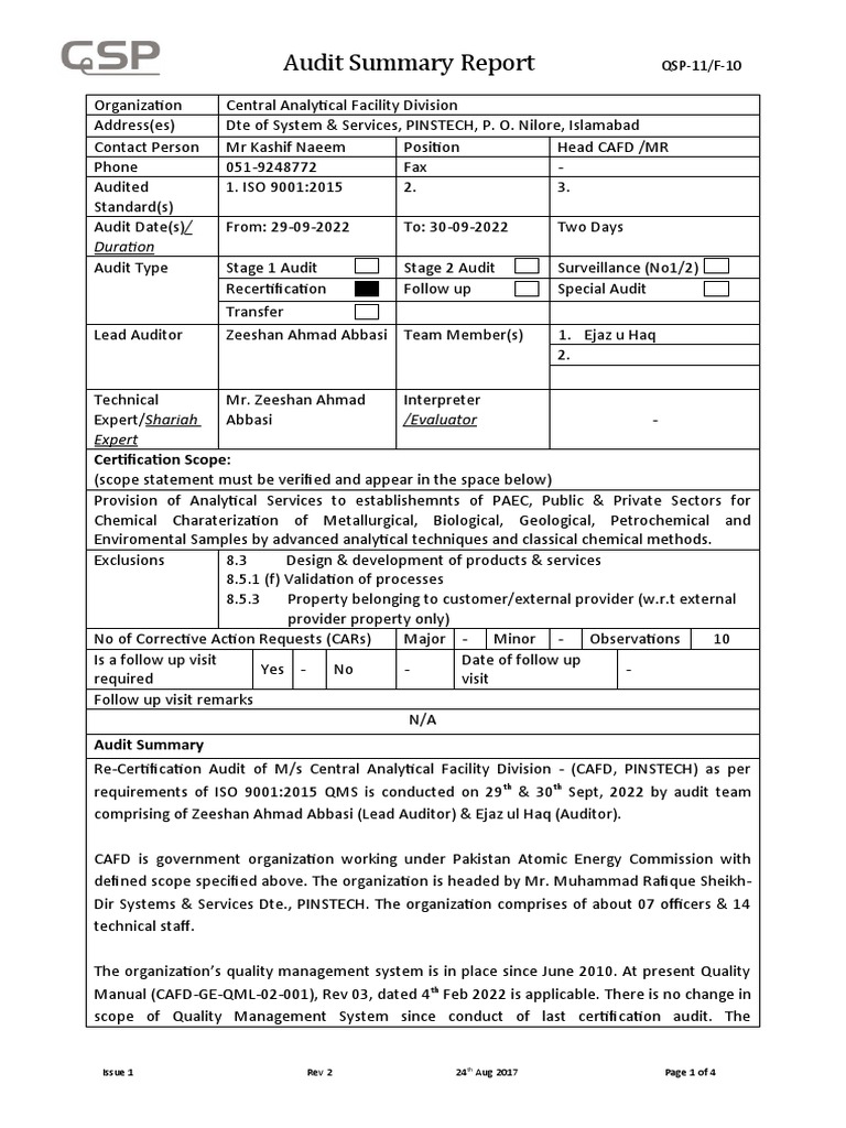 ISO 9001:2015 Audit Summary Report | PDF | Audit | Internal Audit