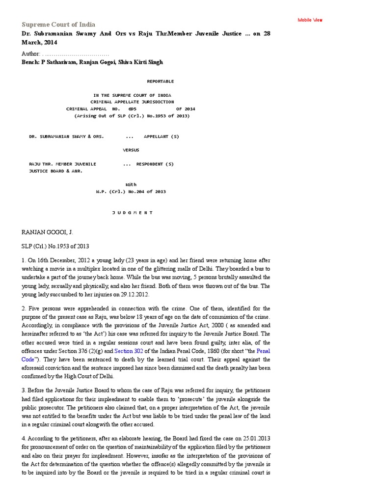 Dr. Subramanian Swamy and Ors Vs Raju THR - Member Juvenile Justice ...