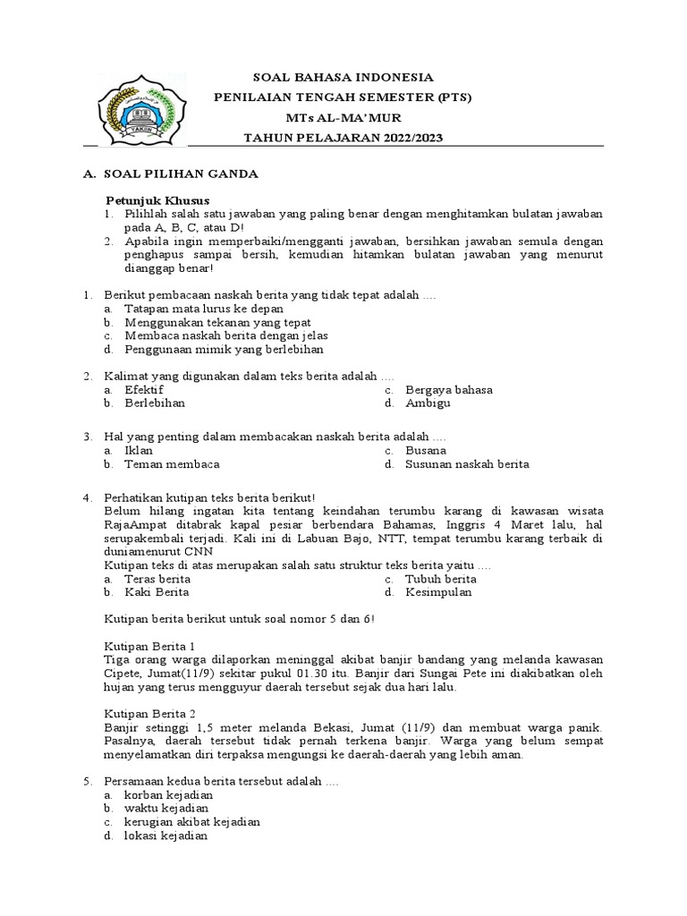 Soal PTS Bahasa Indonesia Kelas 8 | PDF
