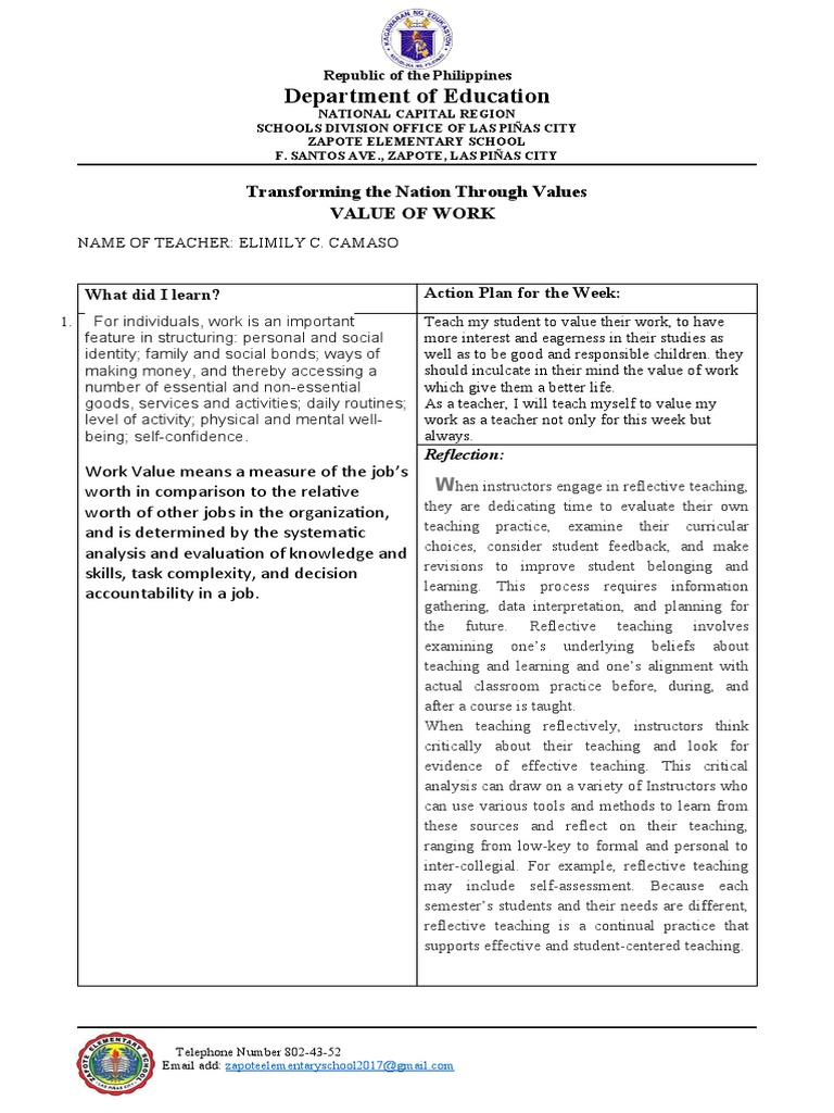 CAMASO Values Restoration VALUE OF WORK | PDF | Teaching Method | Teachers