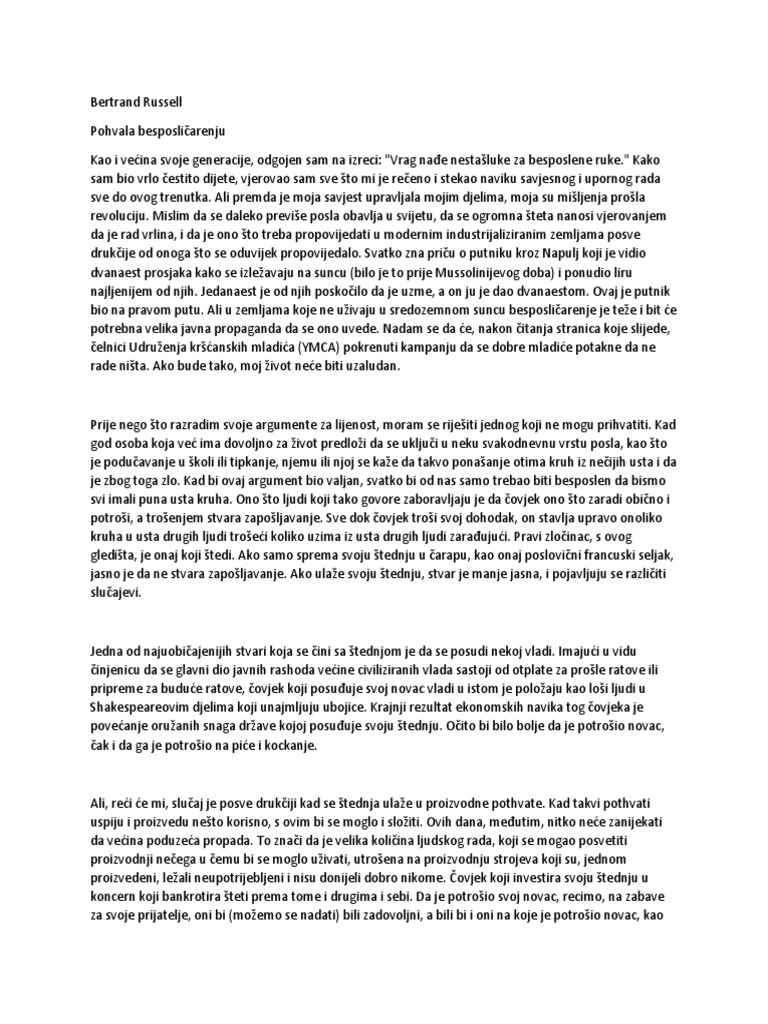 Bertrand Rasel Pohvala Besposličarenju | PDF