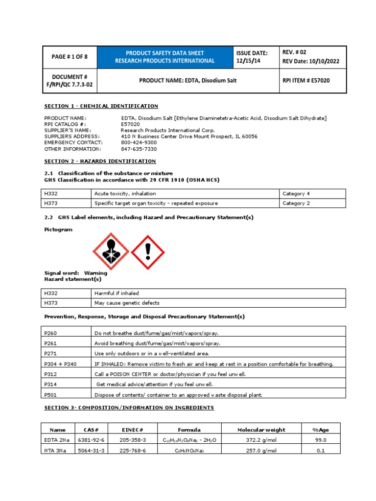 EDTA 2na 2H2O. SDS (RPI) | PDF | Personal Protective Equipment | Workplace
