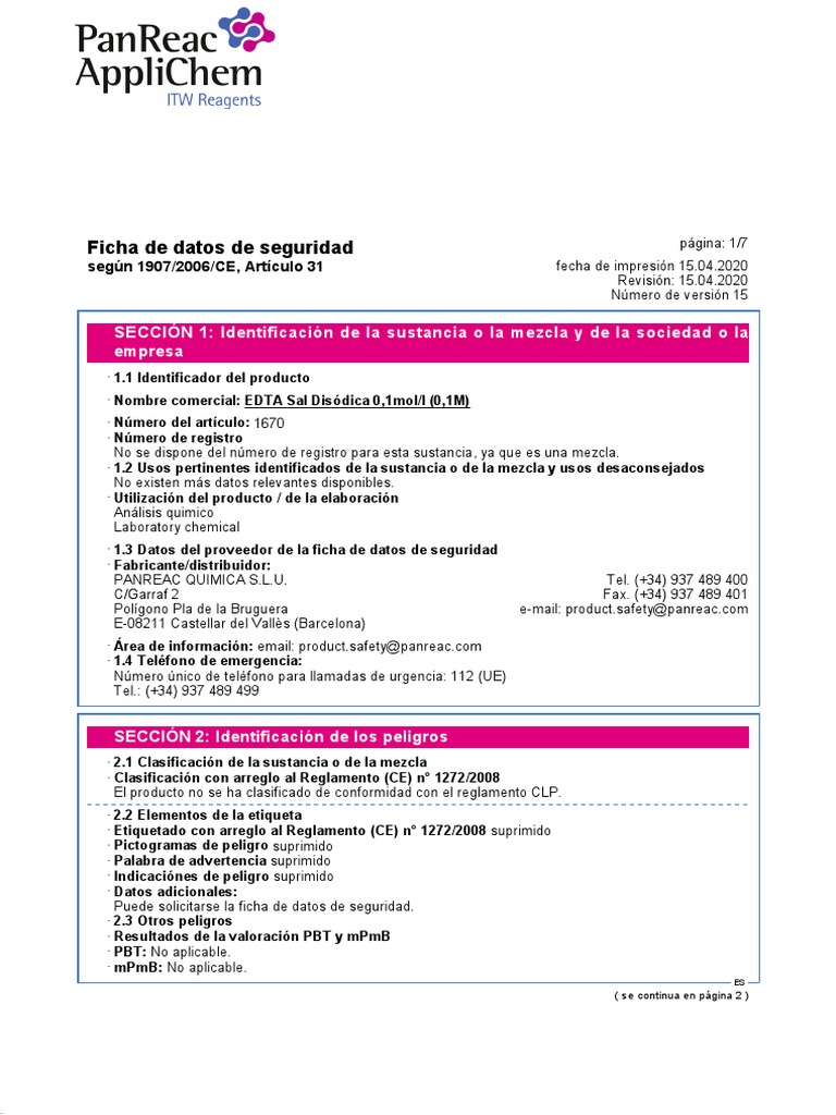 EDTA 2na 0,1 M. SDS (Panreac AppliChem) | PDF | Agua | Guante
