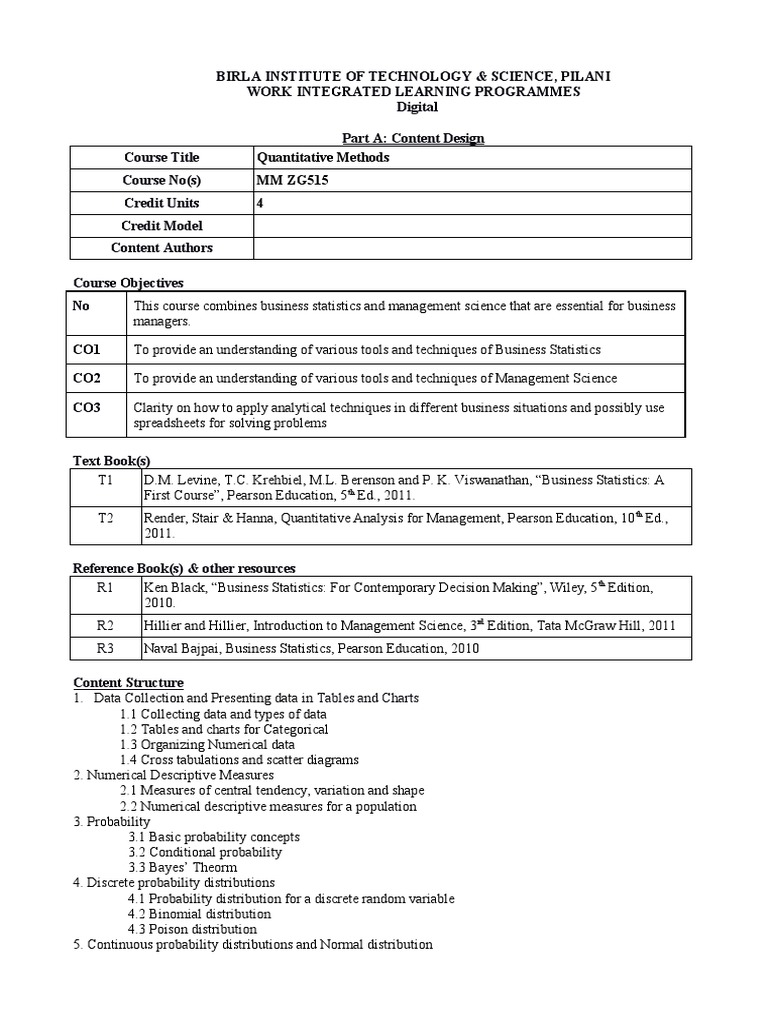 QM-Course Handout - MM ZG515 | PDF | Analysis Of Variance | F Test